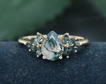 Pear Shaped Moss Agate Engagement Ring Set Vintage Rose Gold - Etsy Canada