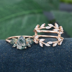 Pear Shaped Moss Agate Engagement Ring Set Antique Rose Gold Moissanite Ring Set Marquise Cut ...