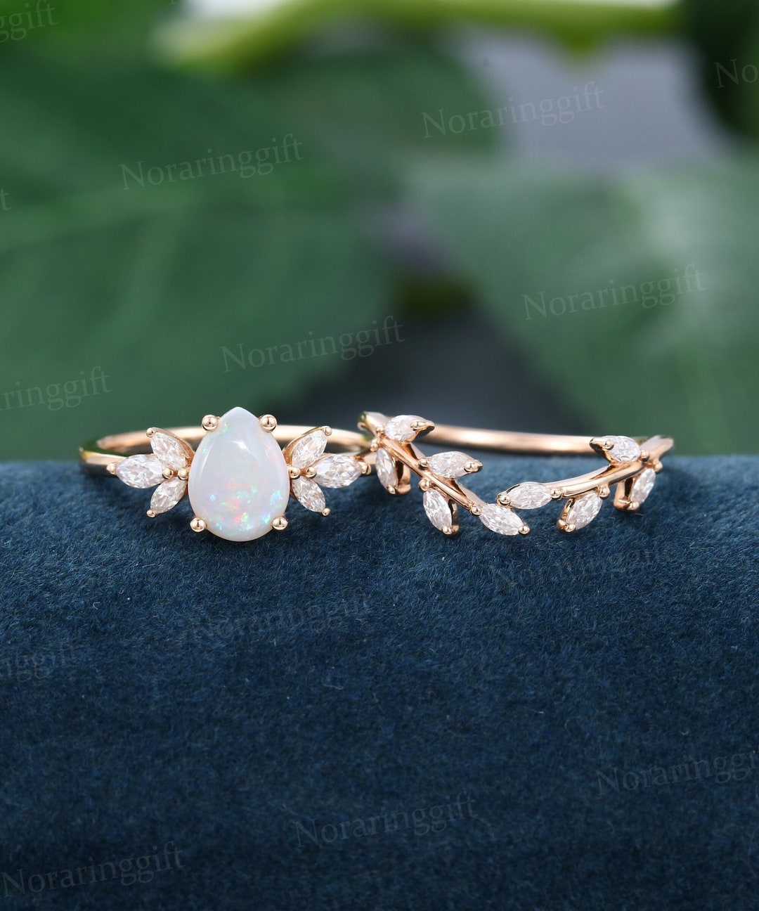 Pear Shaped Opal Engagement Ring Set Vintage Rose Gold Wedding Ring Marquise Cut Diamond ...