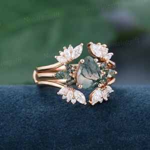 Pear Shaped Moss Agate Engagement Ring Set Vintage Rose Gold Moissanite Engagement Set Marquise ...