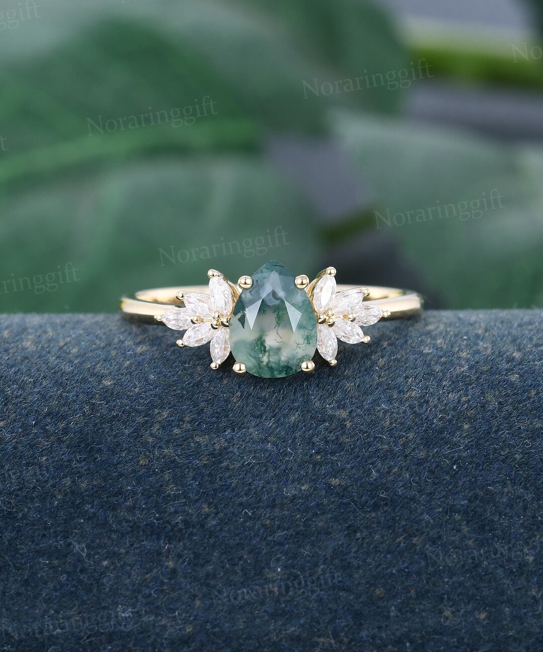Pear Shaped Moss Agate Engagement Ring Vintage Yellow Gold Moissanite ...