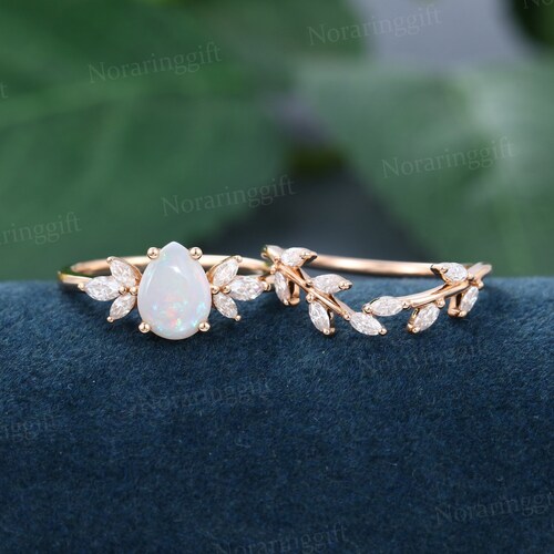 Pear Shaped Moss Agate Engagement Ring Set Vintage Rose Gold - Etsy