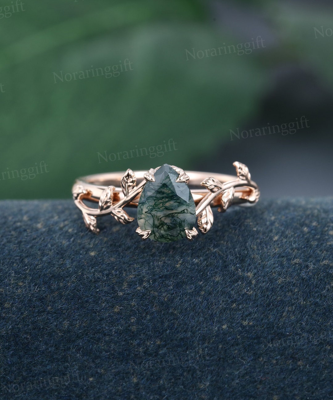 Pear Shaped Moss Agate Engagement Ring Vintage Unique Rose Gold Leaf ...