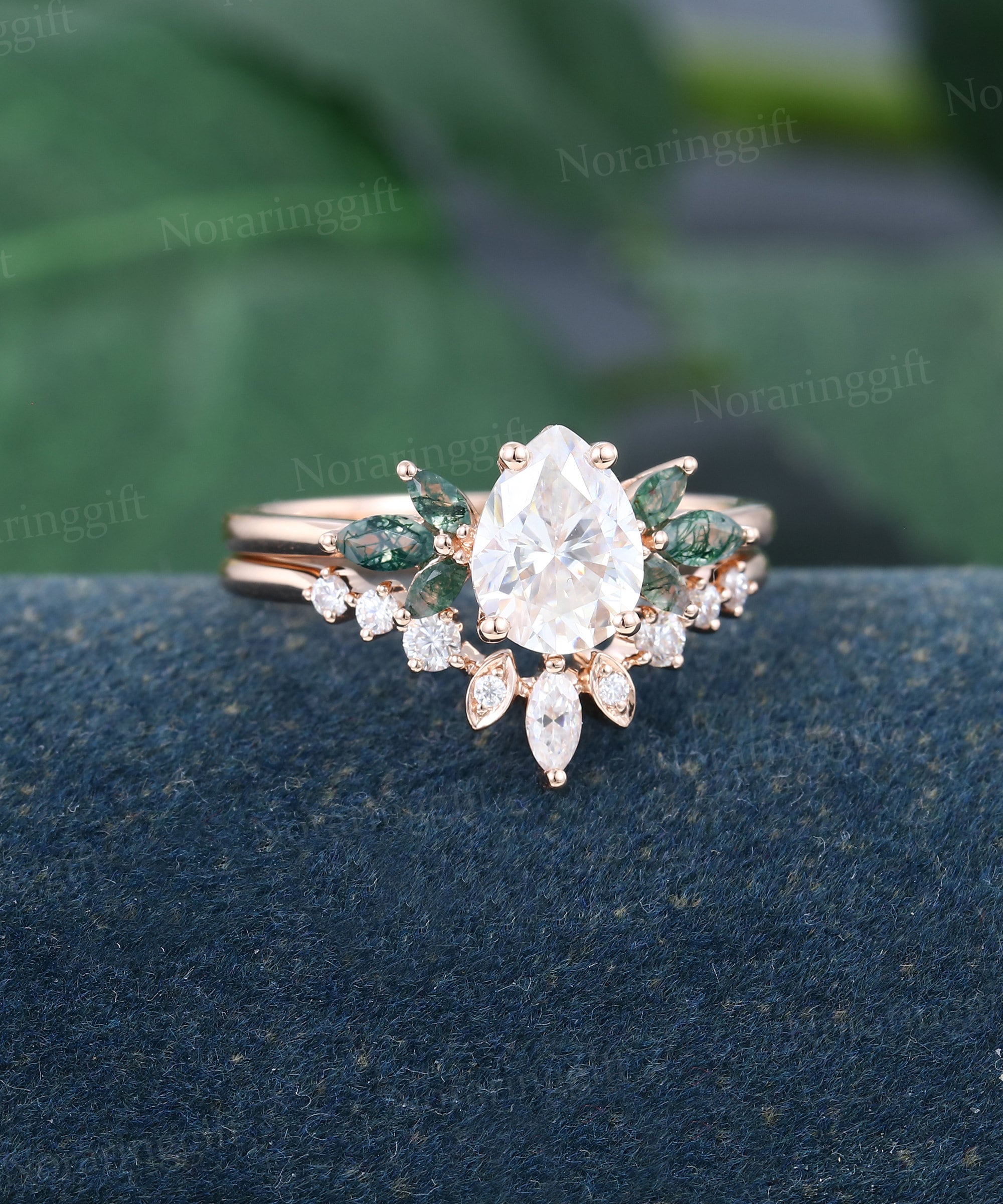 Pear Shaped Moissanite Engagement Ring Set Unique Rose Gold Ring ...
