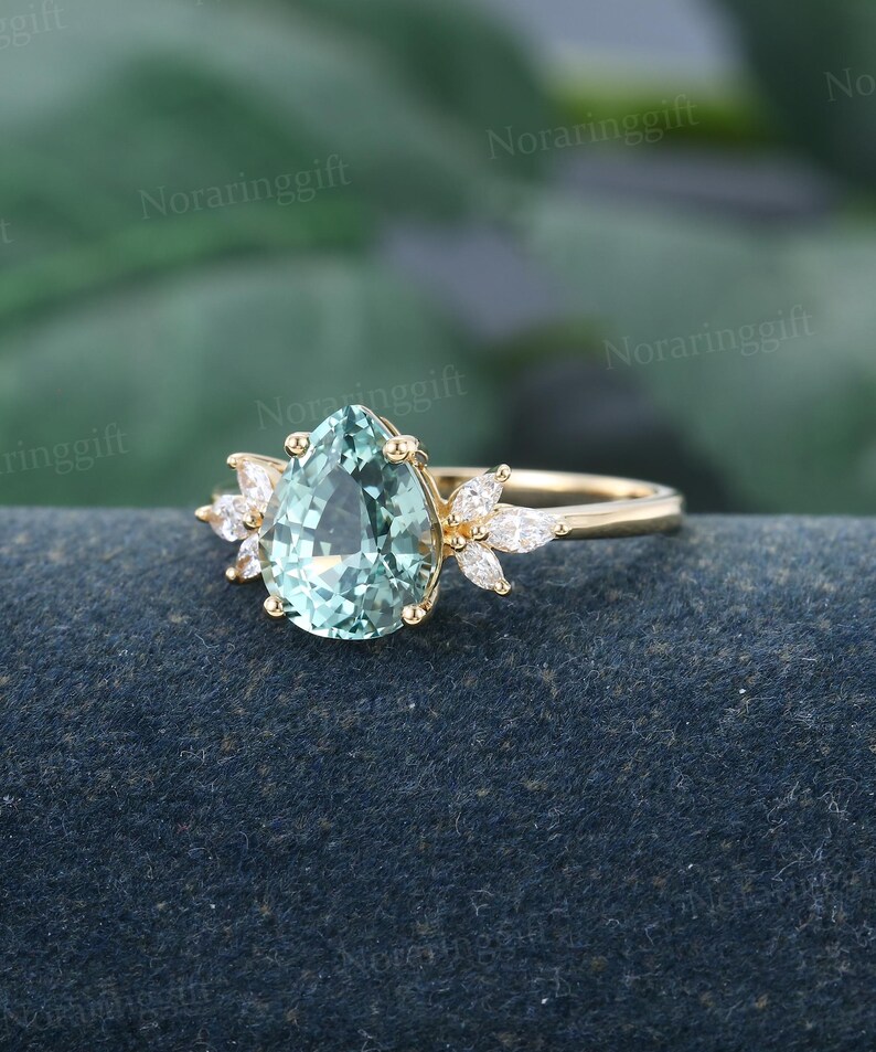 Pear Shaped Green Sapphire Engagement Ring Vintage Yellow Gold Ring ...