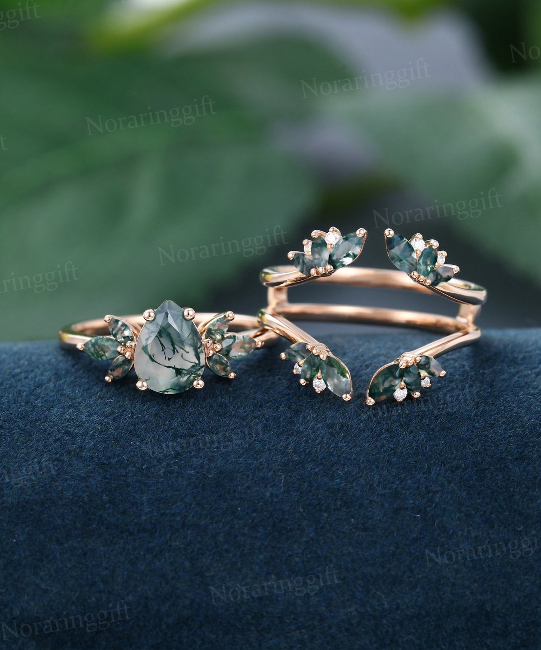 Pear Shaped Moss Agate Engagement Ring Set Vintage Rose Gold Marquise Engagement Set Enhancer ...