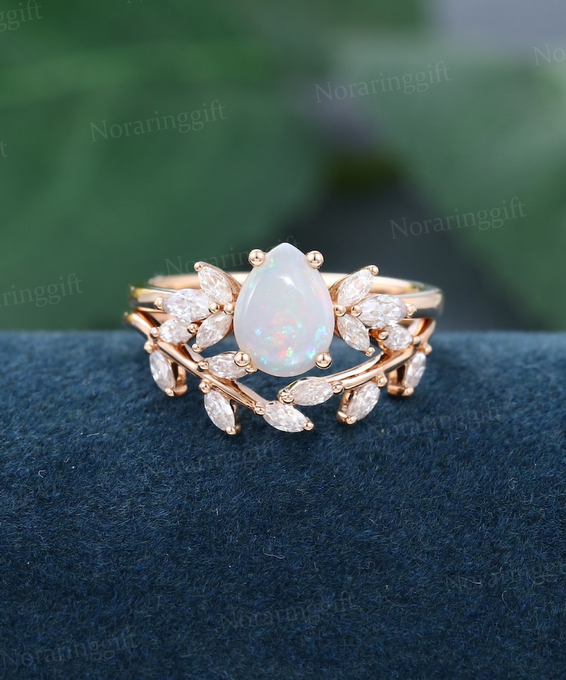 Pear Shaped Opal Engagement Ring Set Vintage Rose Gold Wedding - Etsy