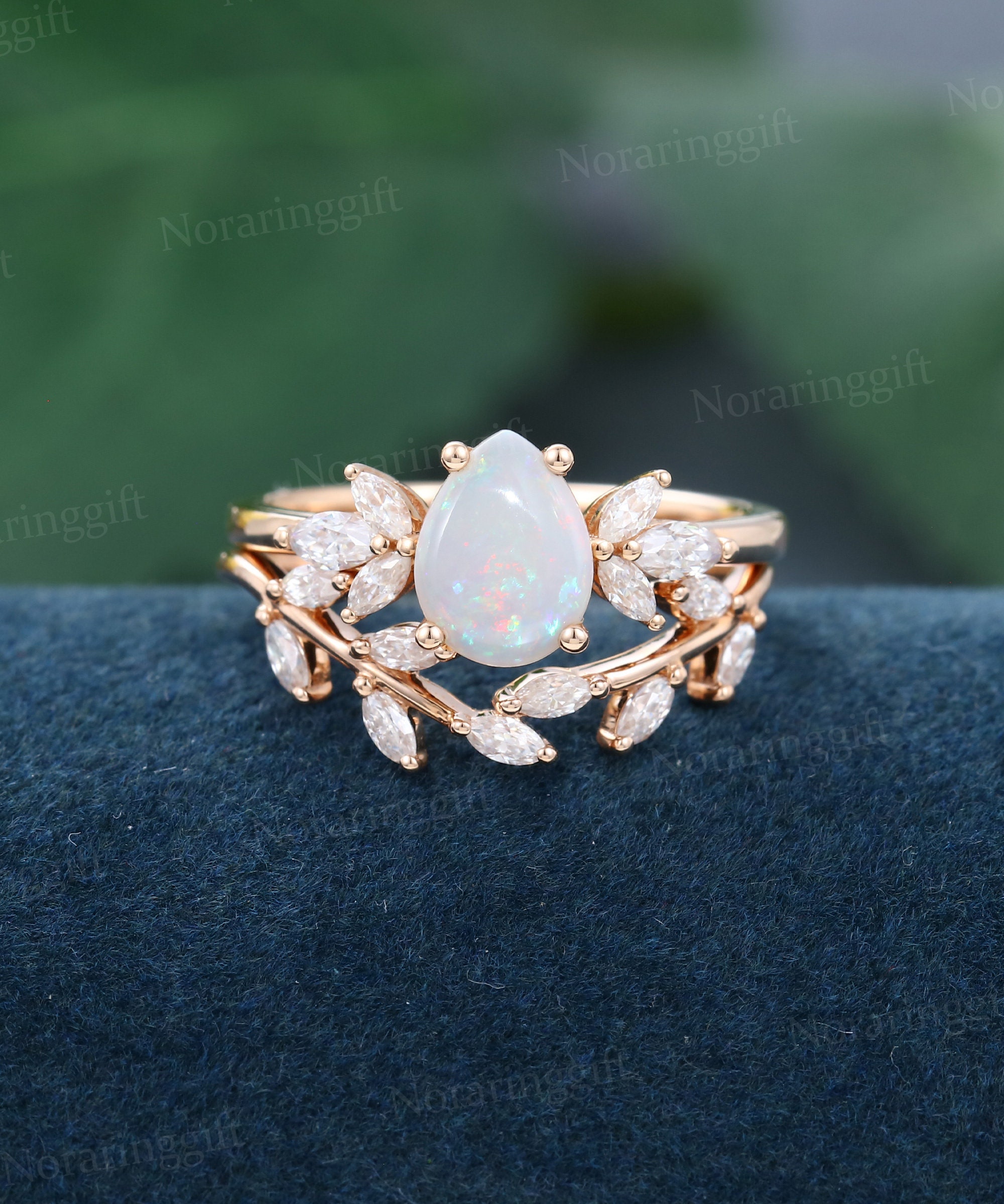 Pear Shaped Opal Engagement Ring Set Vintage Rose Gold Wedding - Etsy