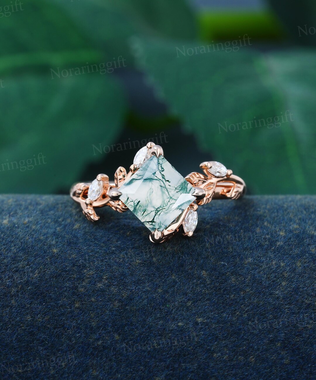Princess Cut Moss Agate Engagement Ring Unique Rose Gold Ring ...