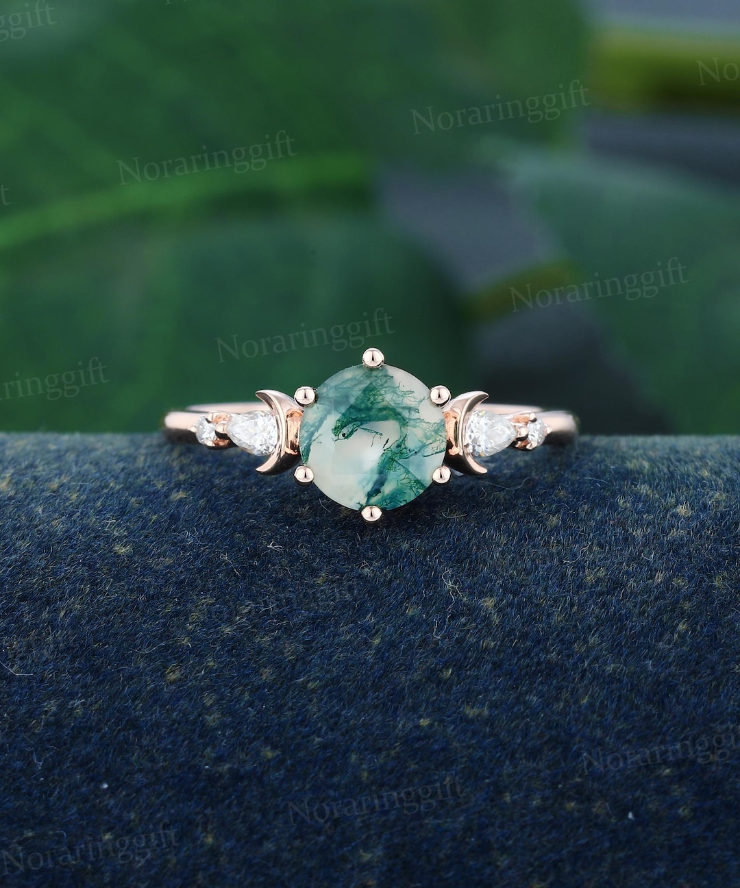 Unique 1CT Moss Agate Engagement Ring Vintage Moon Ring Rose Gold Ring ...