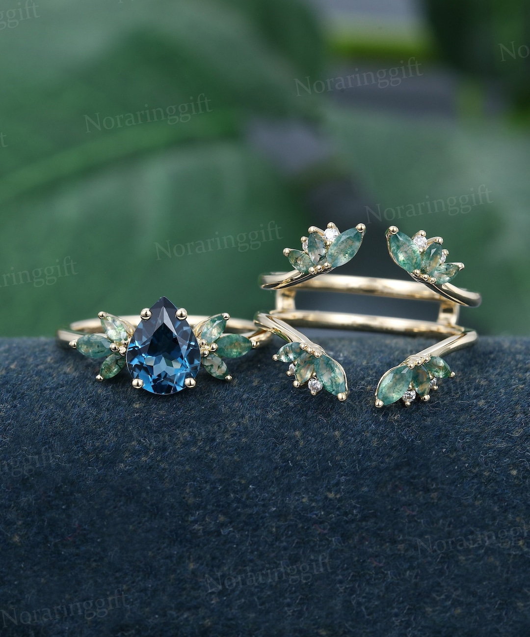 Pear Shaped London Blue Topaz Engagement Ring Set Vintage Yellow Gold ...