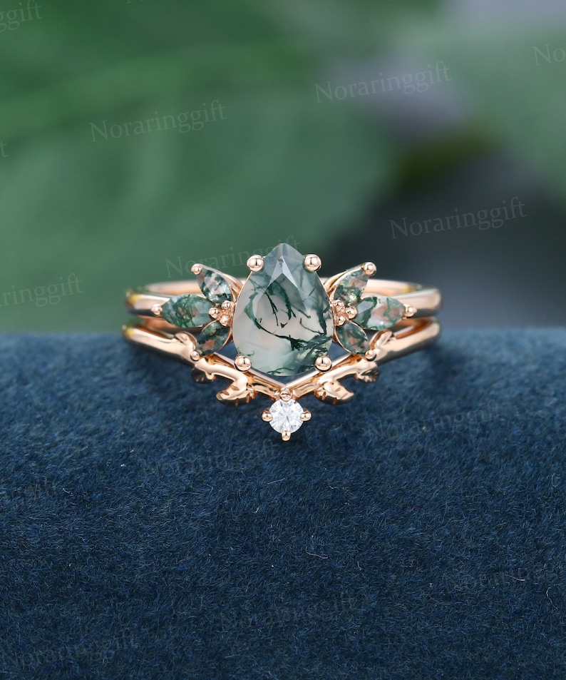 Pear Shaped Moss Agate Engagement Ring Set Vintage Unique Rose - Etsy
