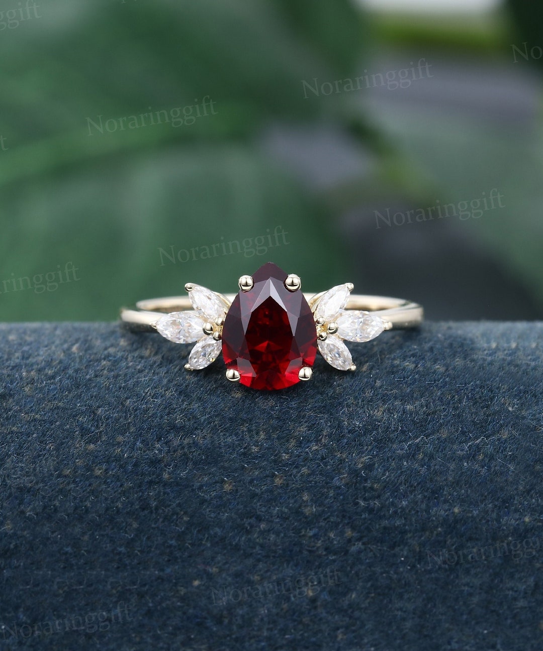 Pear Shaped Garnet Engagement Ring Unique Solid Yellow Gold Moissanite ...