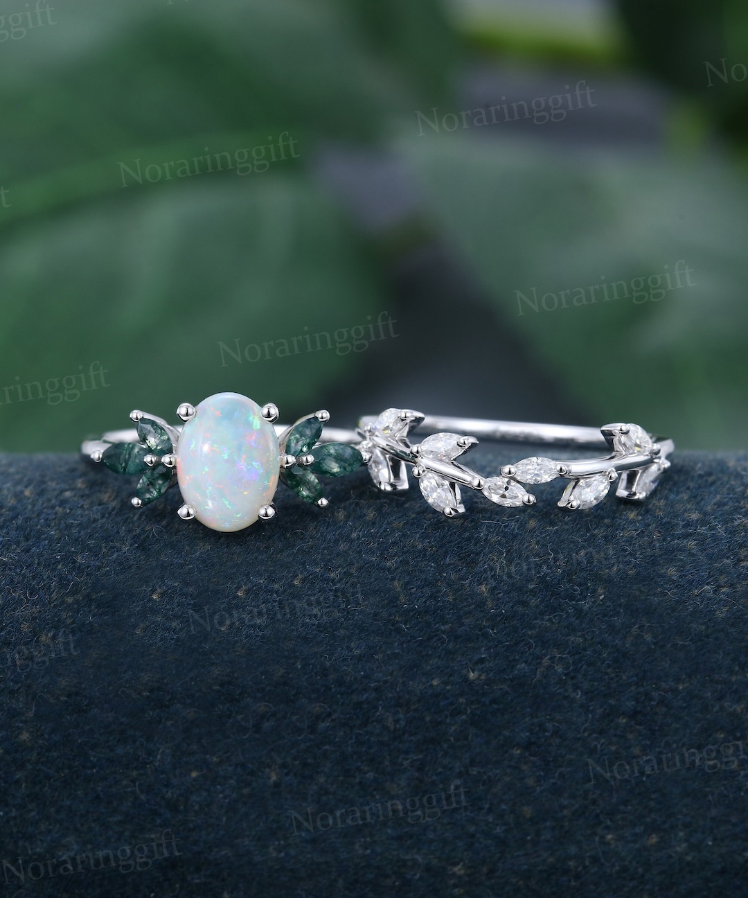 Oval Cut Natural Opal Engagement Ring Set Vintage White Gold Moss Agate Ring Branch Marquise Cut ...