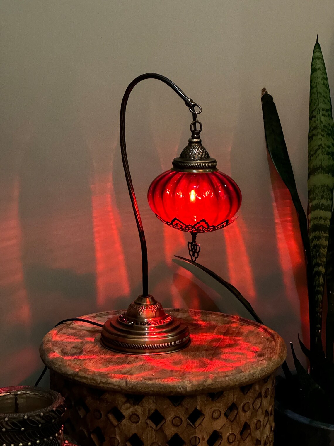 Turkish Table Lamp: Red Glass Antique Brass Night Light - Etsy