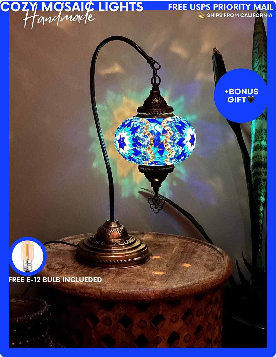 Cobalt Blue Glass Mosaic Turkish Table Lamp Rustic Handmade Lamps for ...