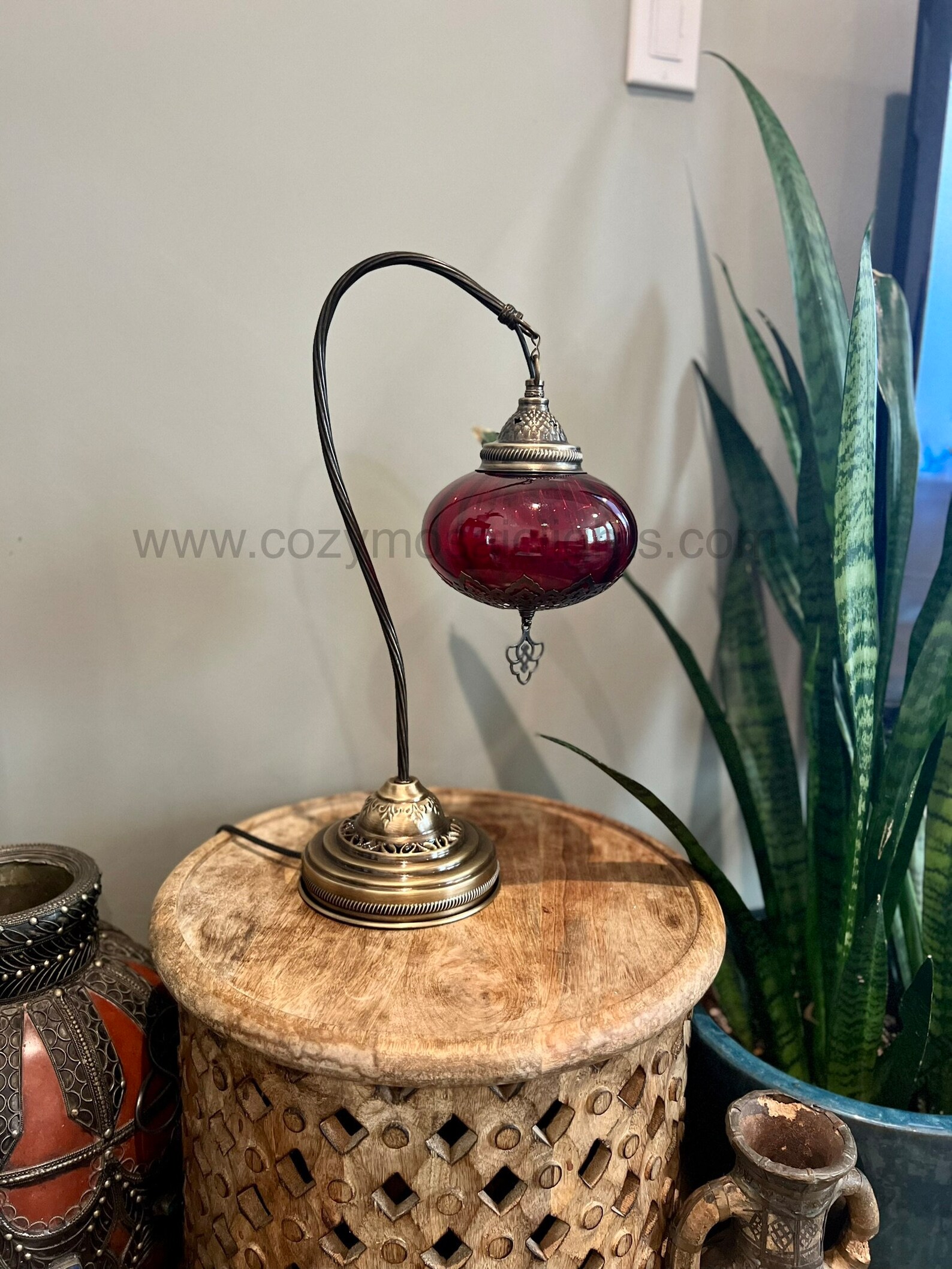 Turkish Table Lamp: Red Glass Antique Brass Night Light - Etsy