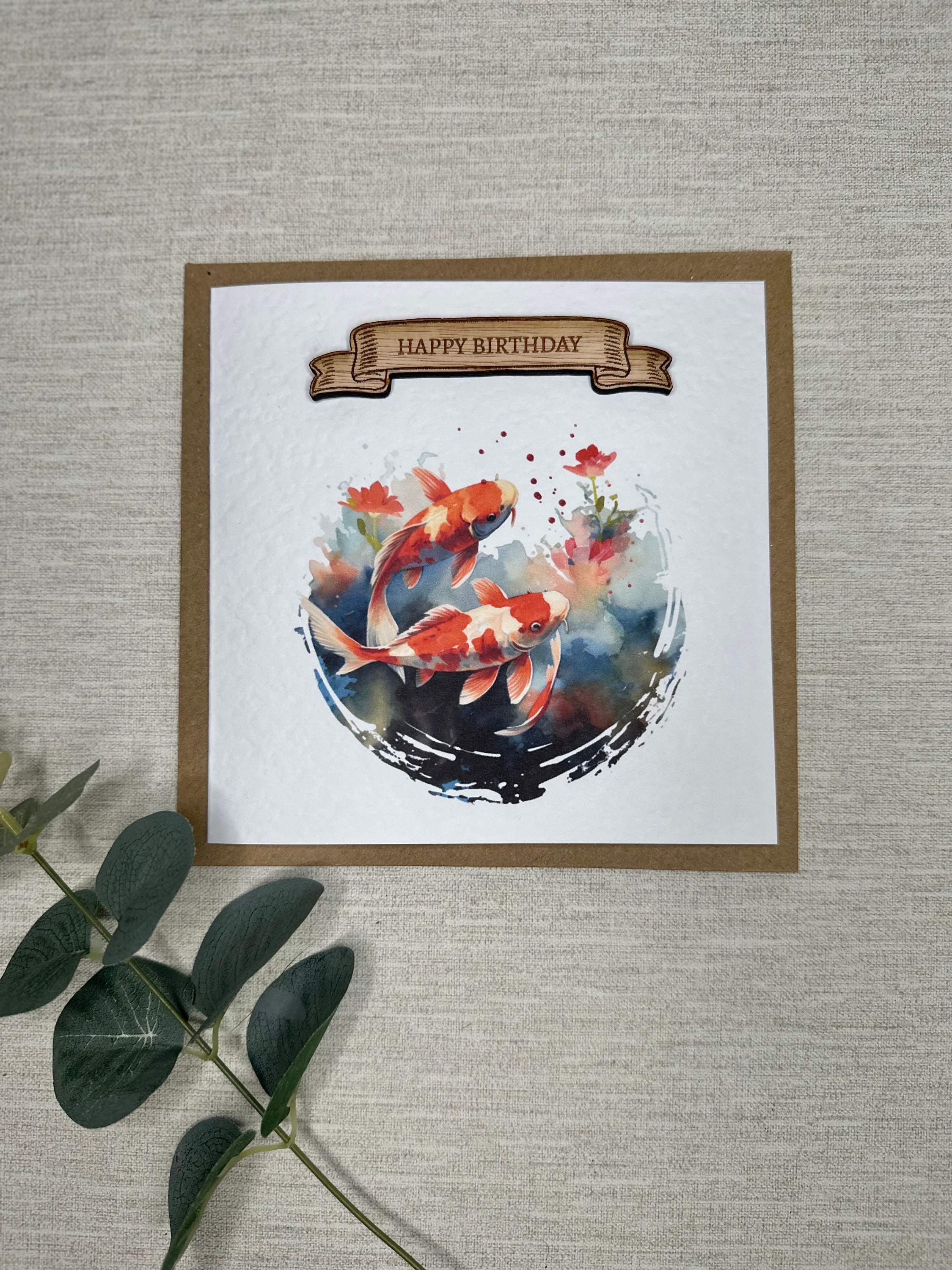 Koi Fish Birthday Card Wooden Card Fishing Enthusiast Happy Birthday ...