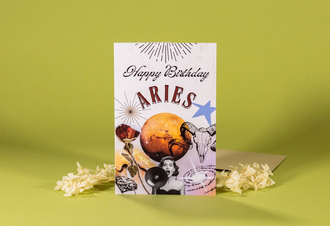 Aries Happy Birthday Card, Vintage Astrology Birthday Card, Aries ...