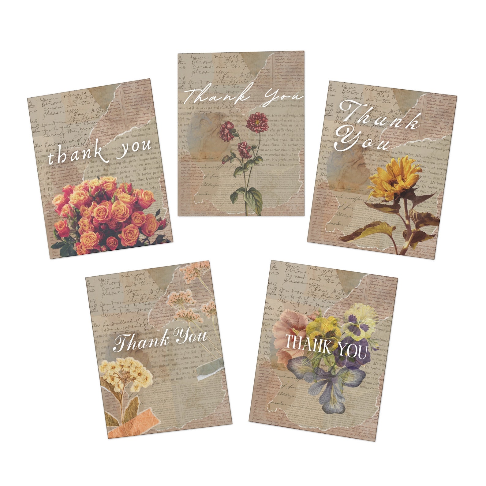 Vintage Style Thank You Cards 5-pack Greeting Stationary Card Set - Etsy