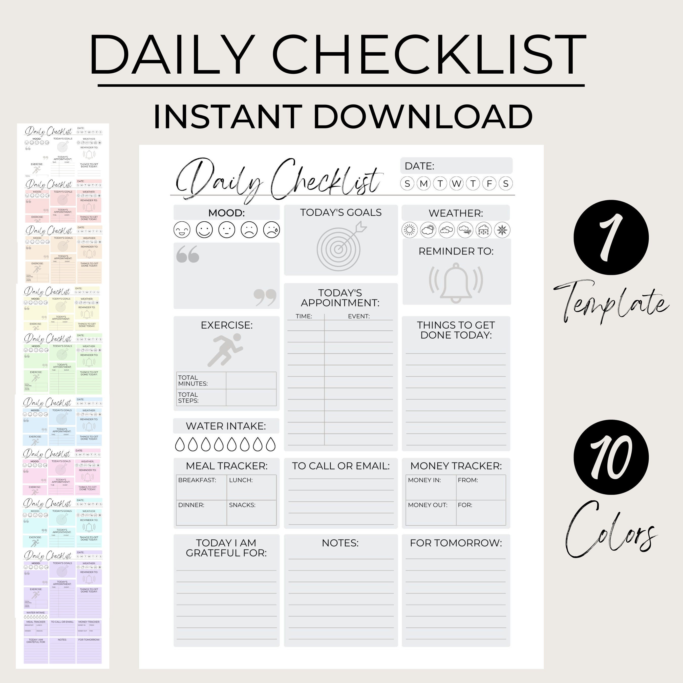 Daily Checklist, Printable, Editable, Daily Tasks, to Do List ...