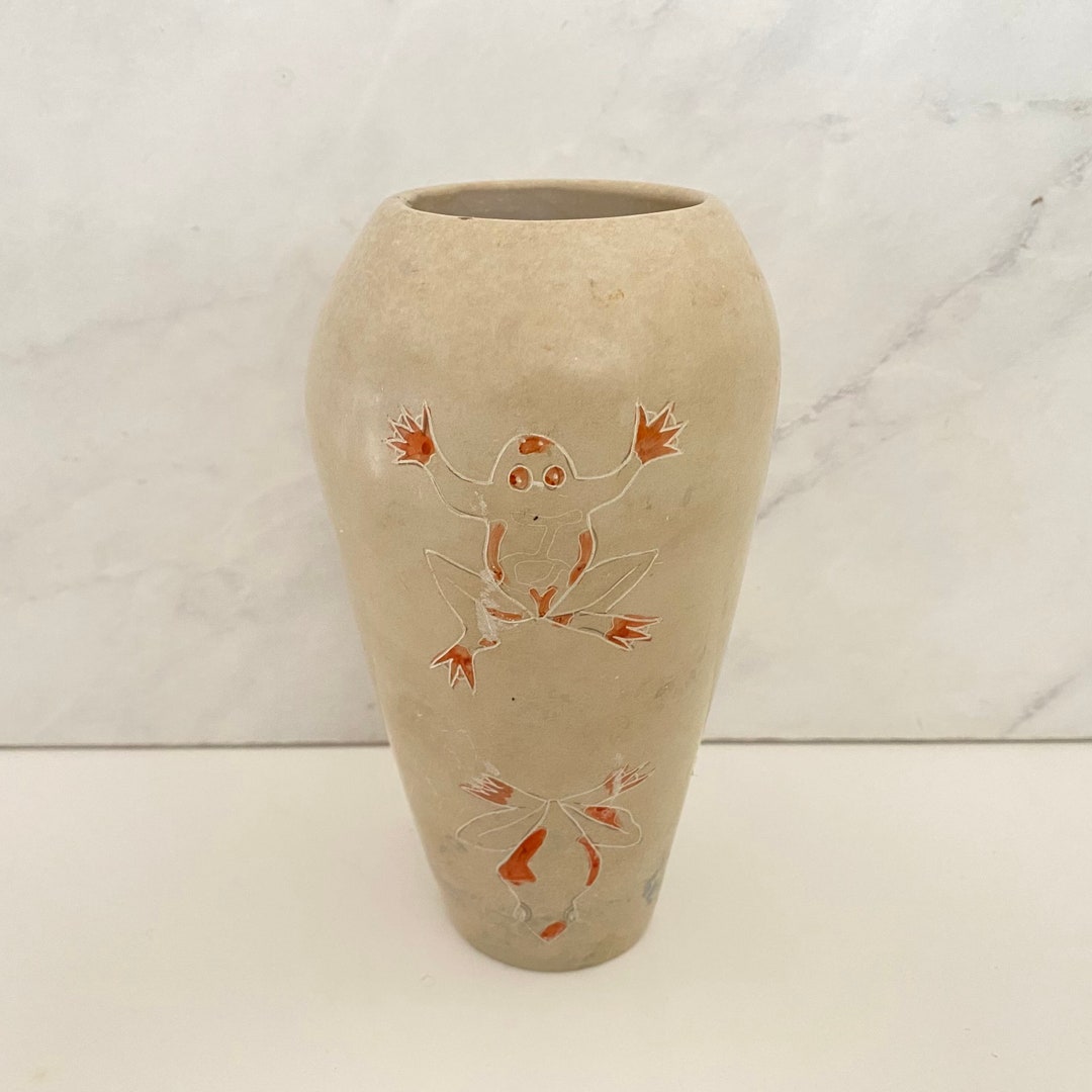 Orange Beige Hand Carved Soapstone Vase With Frog Moth Butterfly Motif ...