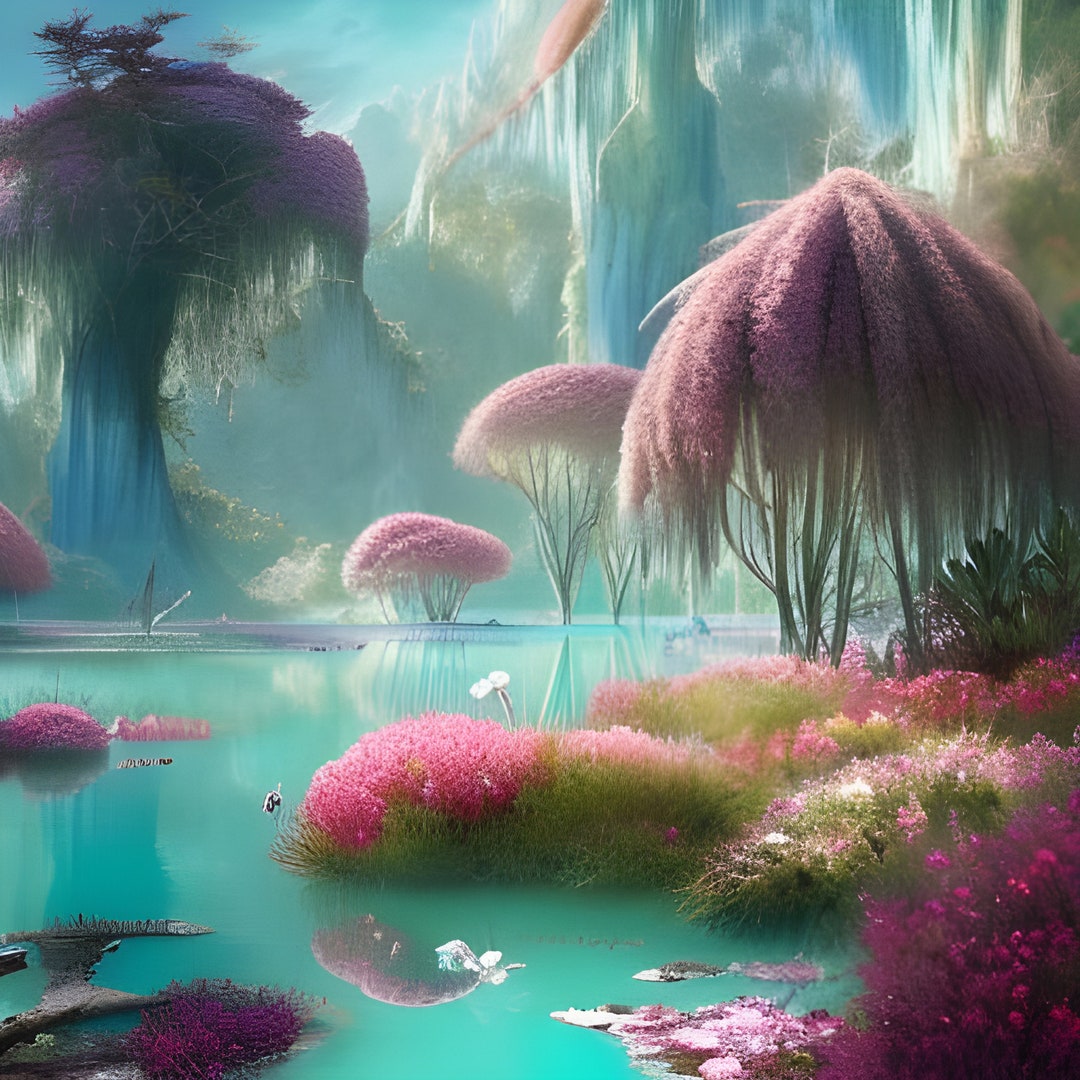 Astral Blue Lagoon Pink Flower Landscape Art Print, Pink Outwordly ...