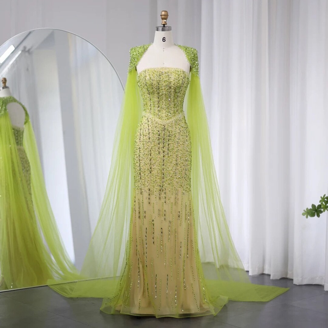 Luxury Beaded Mermaid Lime Green Evening Dress With Cape - Etsy
