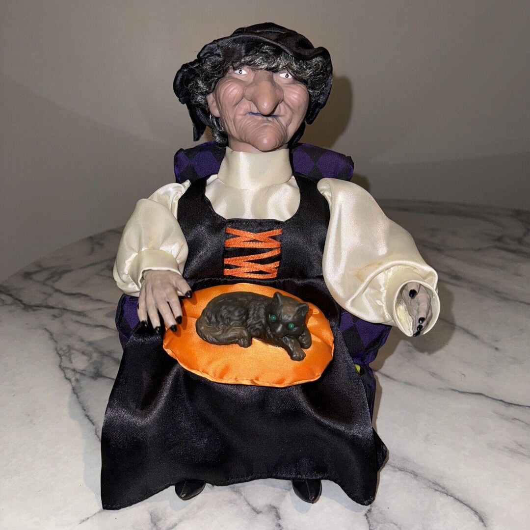 1995 Gemmy Halloween Talking Animated Witch Petting Cat Lights ...