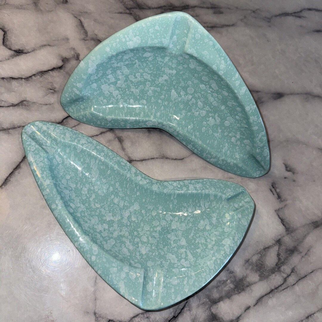 2 Vintage 1950's Shawnee Pottery Ashtray Stardust Turquoise Handmade ...