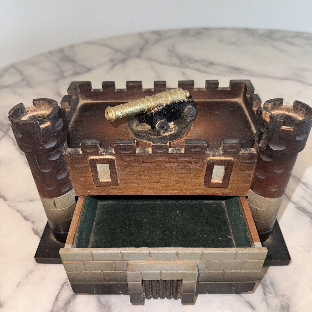 Vintage Wooden Castle Jewelry Music Box Gold Metal Cannon Japan Made 9 ...