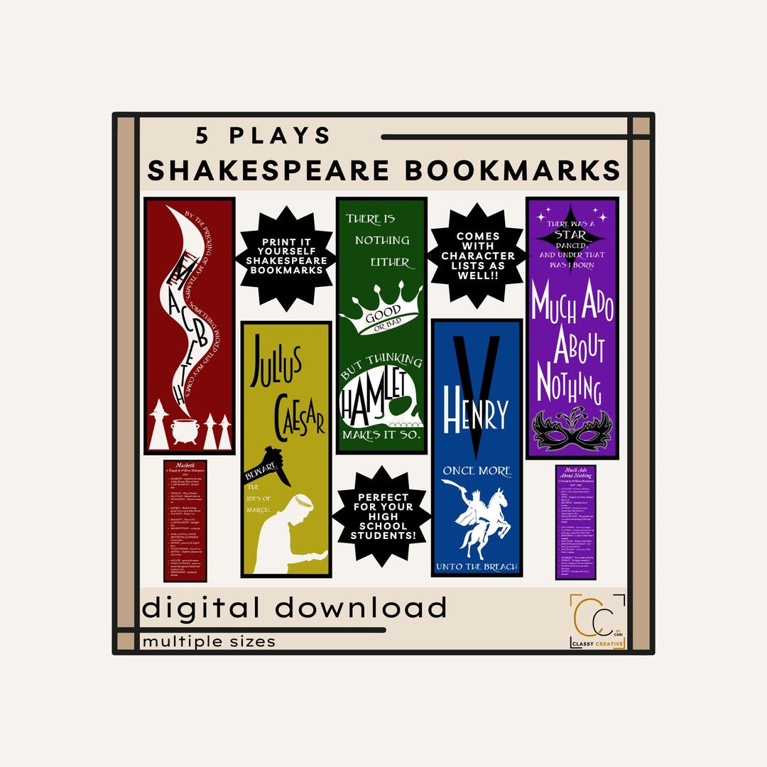 Shakespeare's Plays Bookmarks Famous Shakespeare Works High School ...