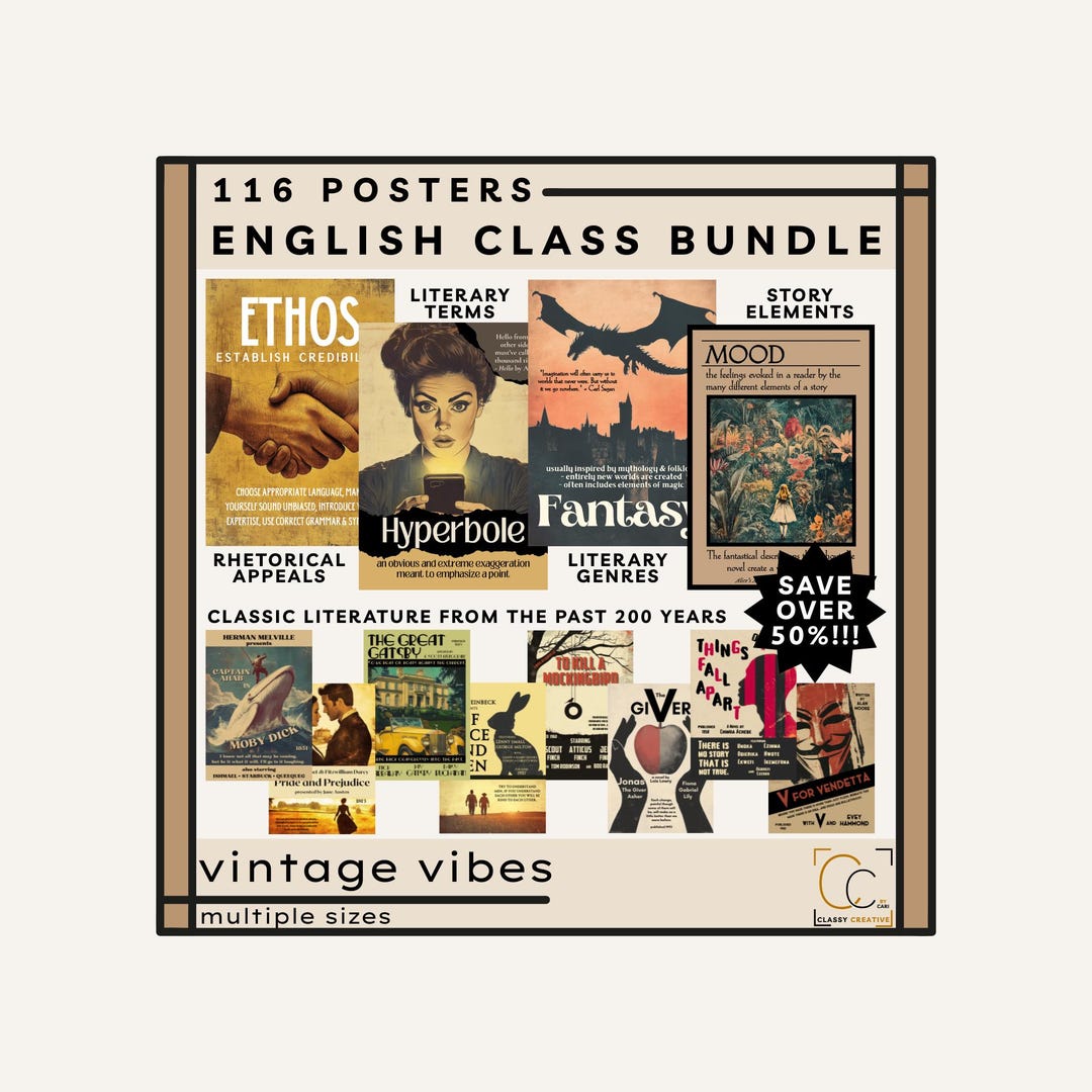 Vintage English Classroom Poster Bundle: Literary Terms Devices Genres ...