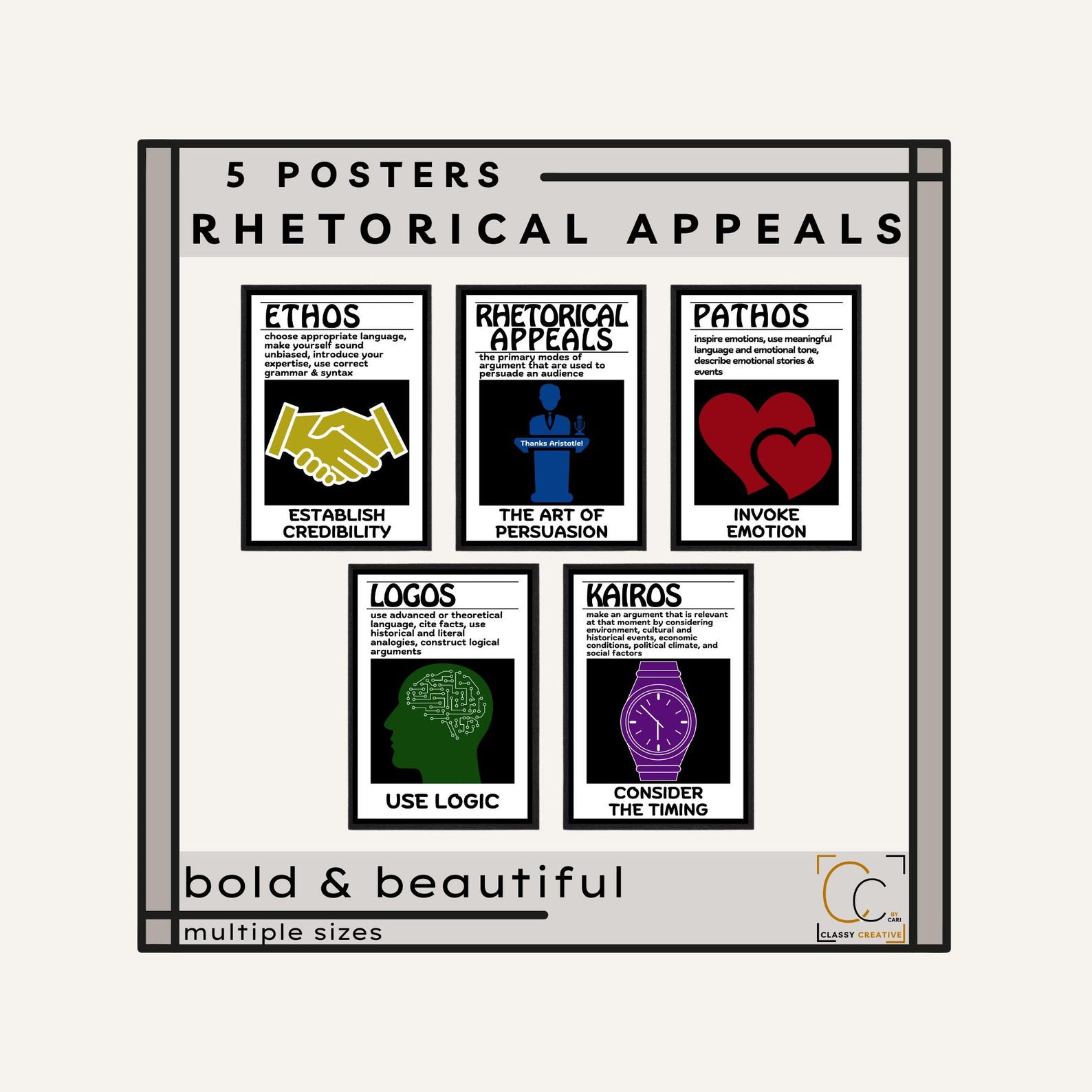 Rhetorical Appeals Posters: Ethos Pathos Logos Kairos High School AP ...