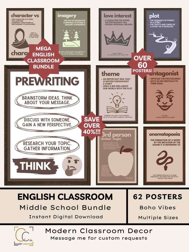 Middle School English Classroom Poster Bundle: Boho Literary Devices ...