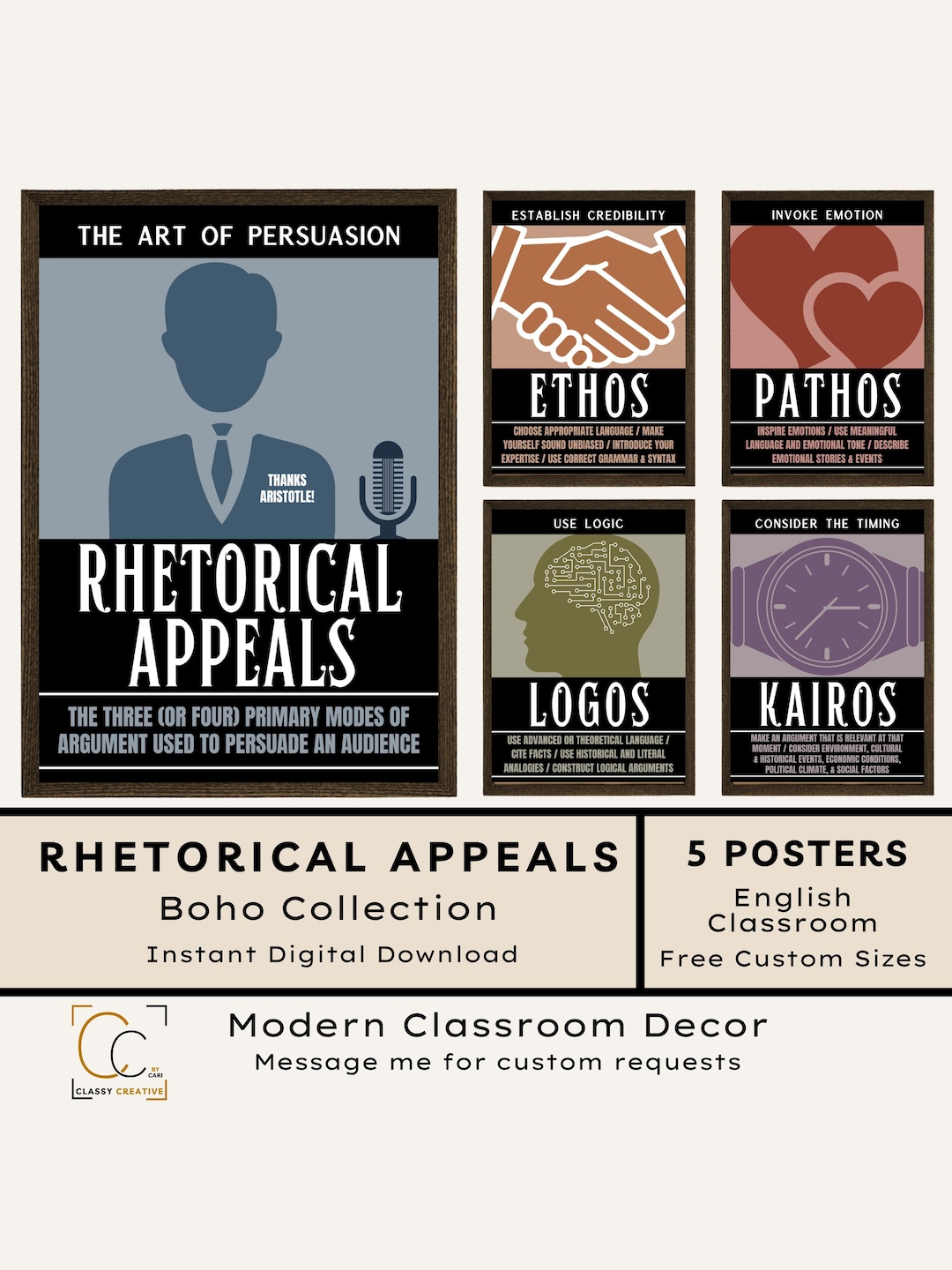 Rhetorical Appeals Posters: Ethos Pathos Logos Kairos High School ...