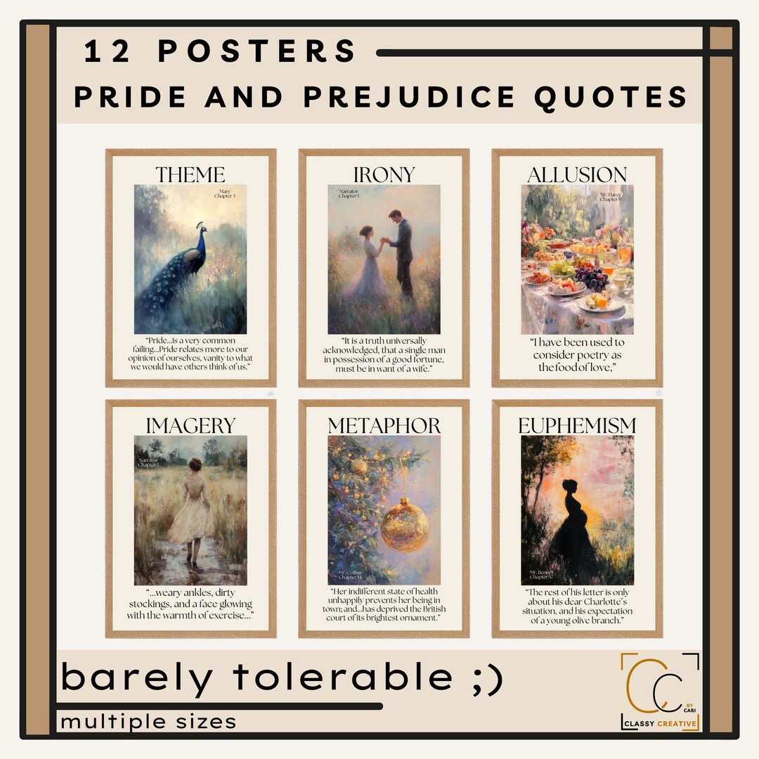 Pride and Prejudice Quotes Posters High School English Classroom Decor ...
