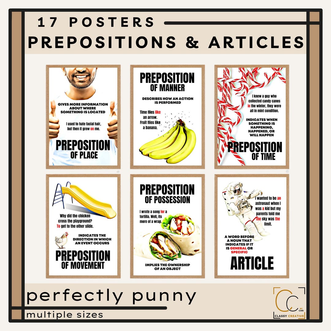 Articles & Prepositions Posters Middle School Classroom Posters English ...