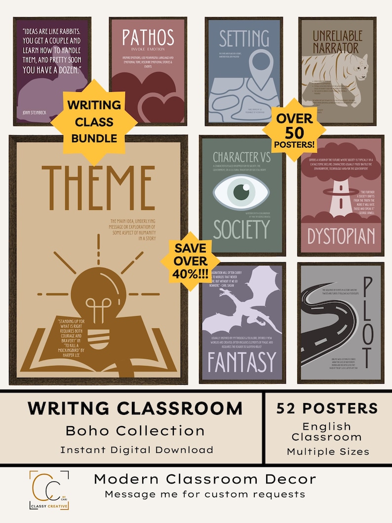 Boho English Classroom Poster Bundle Writing Process Story Elements ...