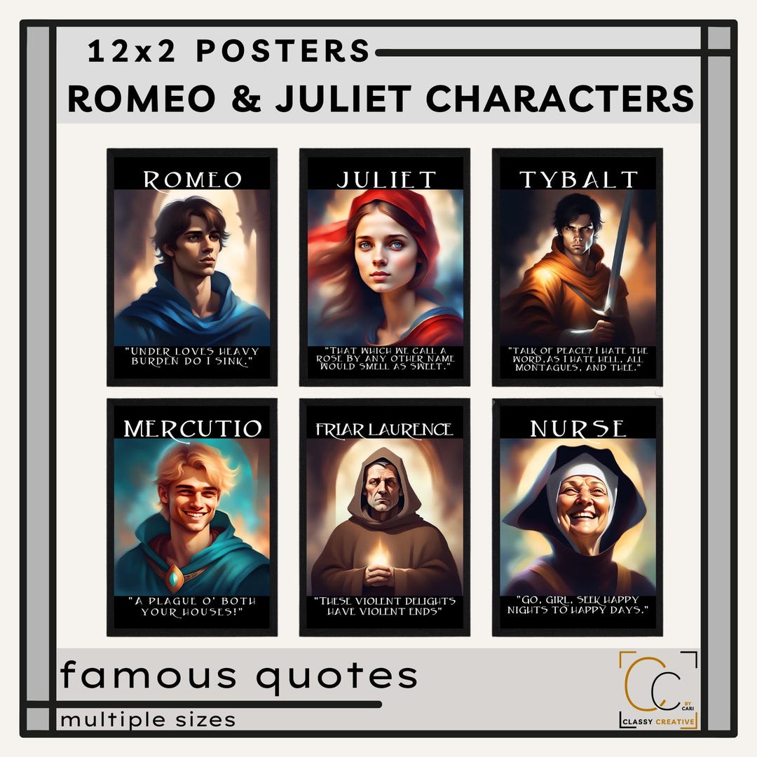 Romeo & Juliet Character Quotes Shakespeare Wall Art Romeo and Juliet ...
