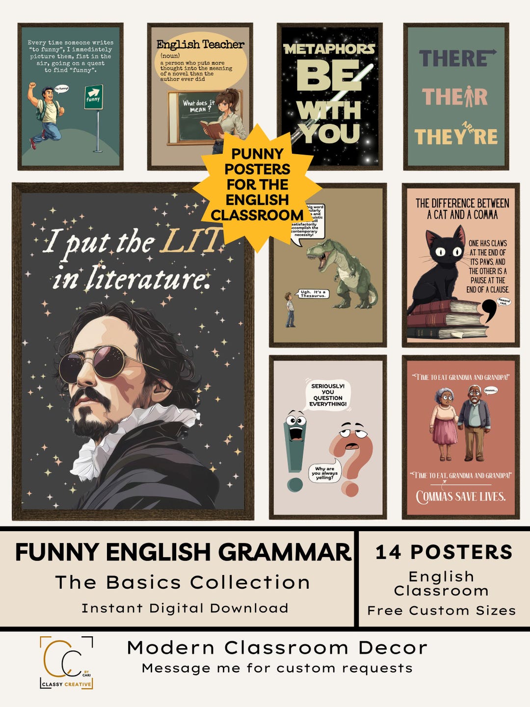 Funny English Grammar Puns Posters: Middle School English Classroom ...