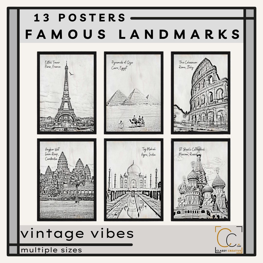 Vintage World Landmarks Poster Set: Geography Classroom Art (digital ...