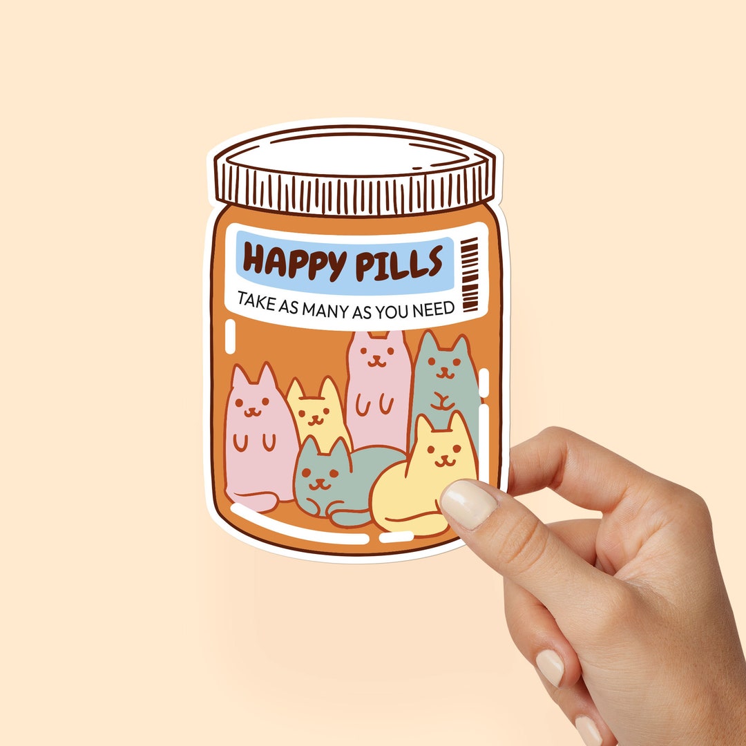 Happy Pills Cat Mom Funny Sticker, Mental Health Sticker, Book Lover ...