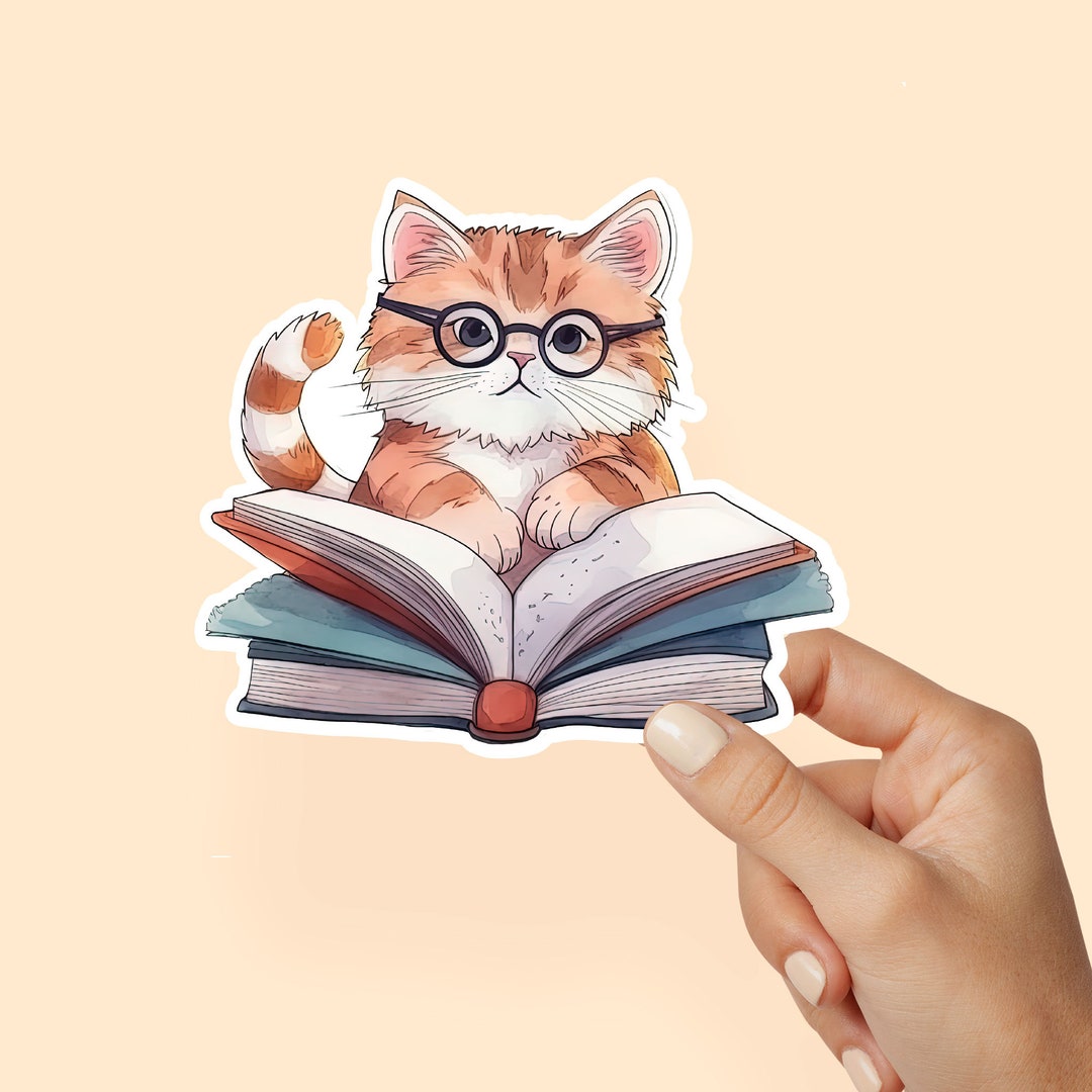 Cat and Books Sticker, Bookish Sticker, Book Lover Gift, Laptop Sticker ...