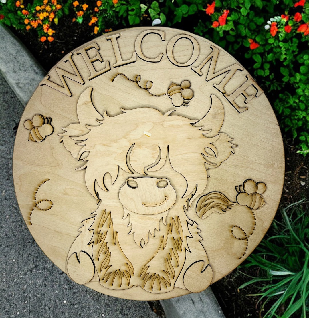 3 Sizes! WELCOME Highland Cow Round Door Hanger or Sign Blank DIY Kit ...