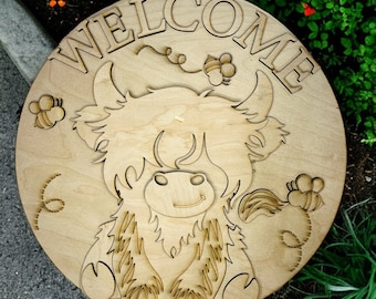 3 Sizes! WELCOME Highland Cow Round Door Hanger or Sign Blank DIY Kit ...