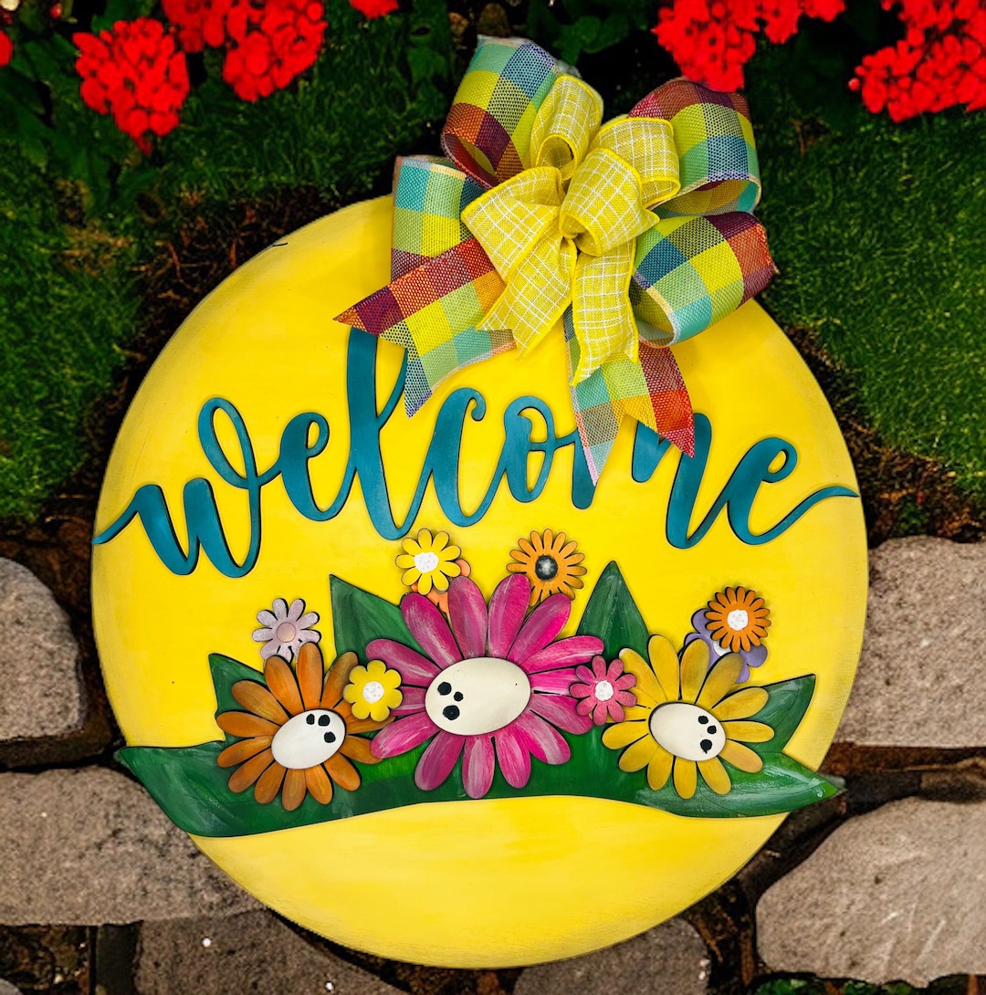 2 SIZES Welcome Spring Flowers Sign DIY Kit Birch Wood Round Door ...