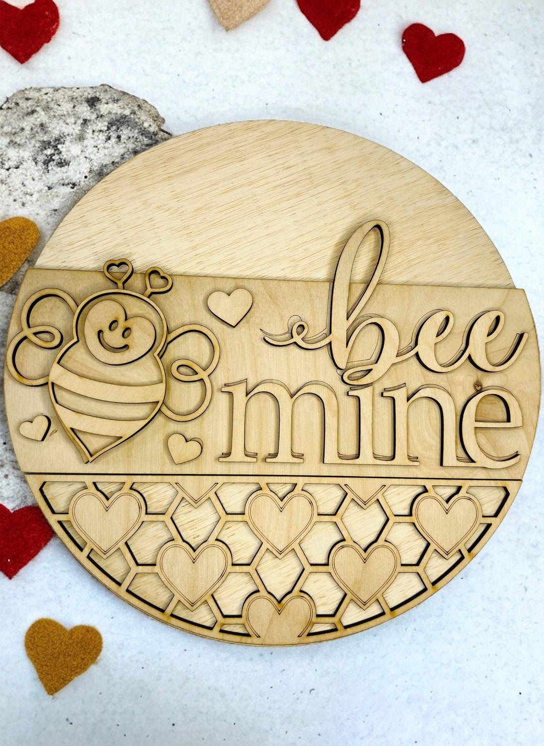 2 SIZES Bee Mine Valentine DIY Kit Birch Wood Round Door Hanger or ...