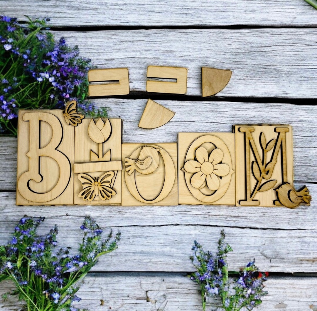 BLOOM SPRING Word Block Shelf Sitter DIY Kit Birch Wood Spring Home ...