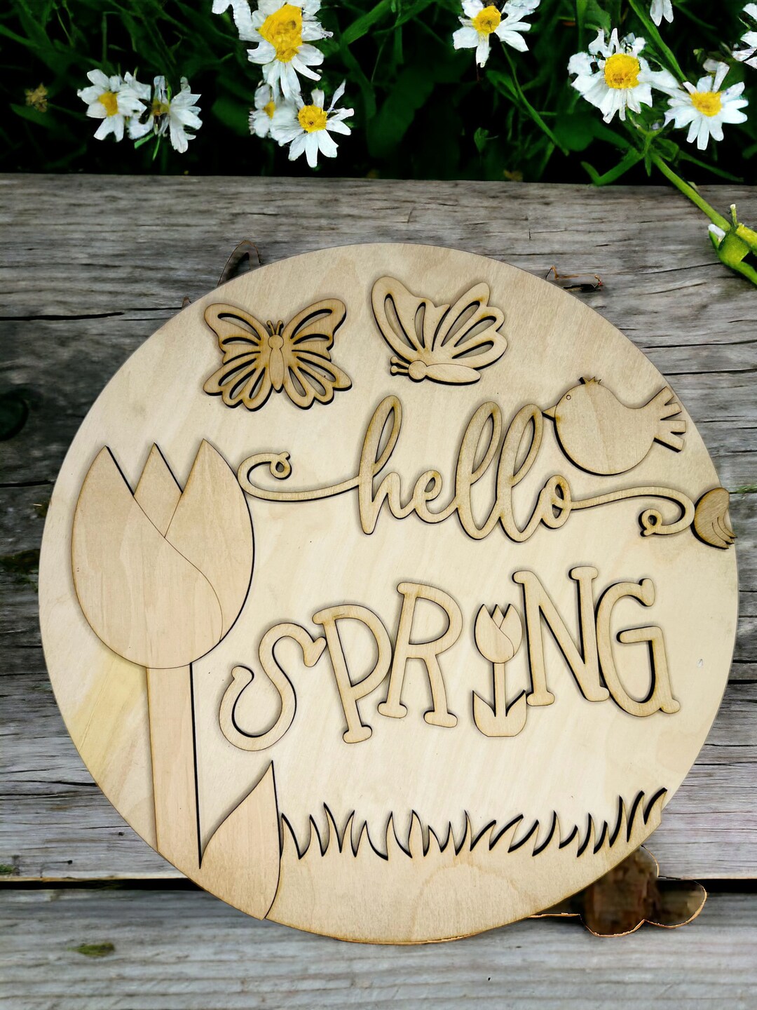 2 SIZES Hello Spring DIY Kit Birch Wood Round Door Hanger or Plaque ...